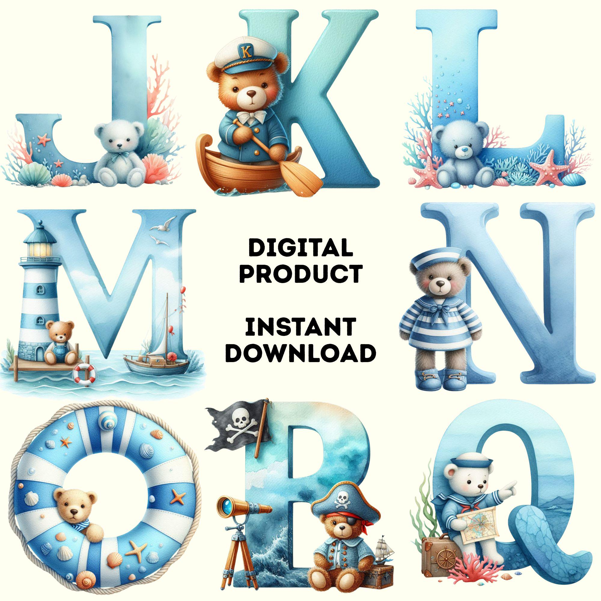 Nautical Teddy Bear Alphabet Clipart, Blue Teddy Bear Alphabet, Cute ...