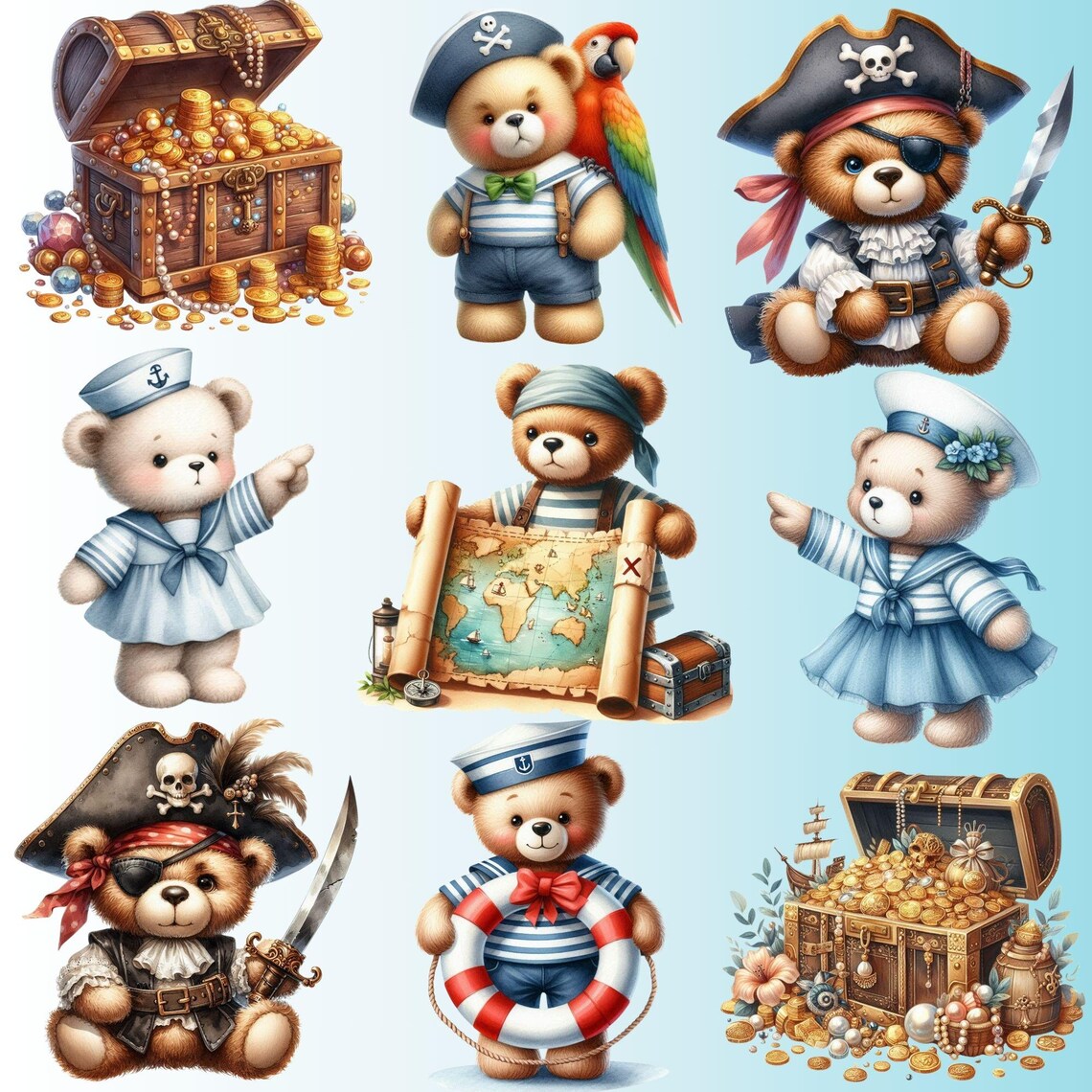 Nautical Teddy Bear Clipart, Watercolor Coastal Clipart, Cute Sailor ...