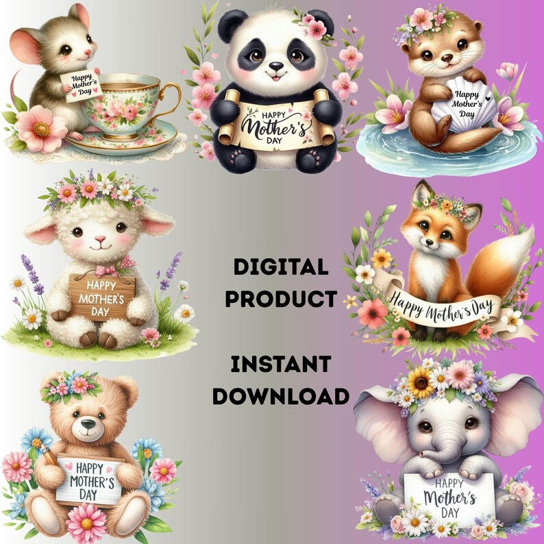 Mother's Day Animals Clipart, Happy Mother's Day Clipart Bundle, Mother ...