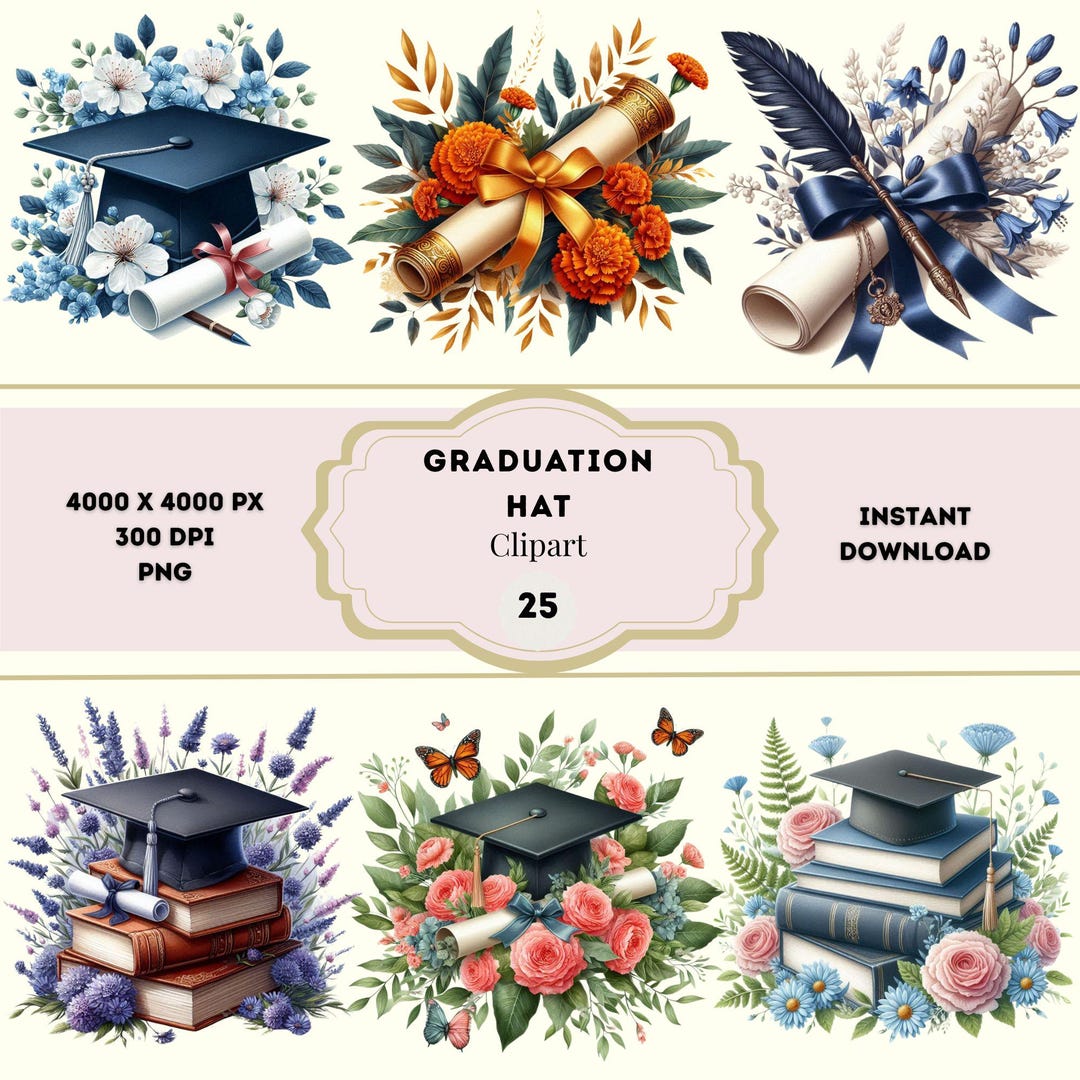 Graduation Hat Clipart, Graduation Clipart Bundle, Watercolor ...