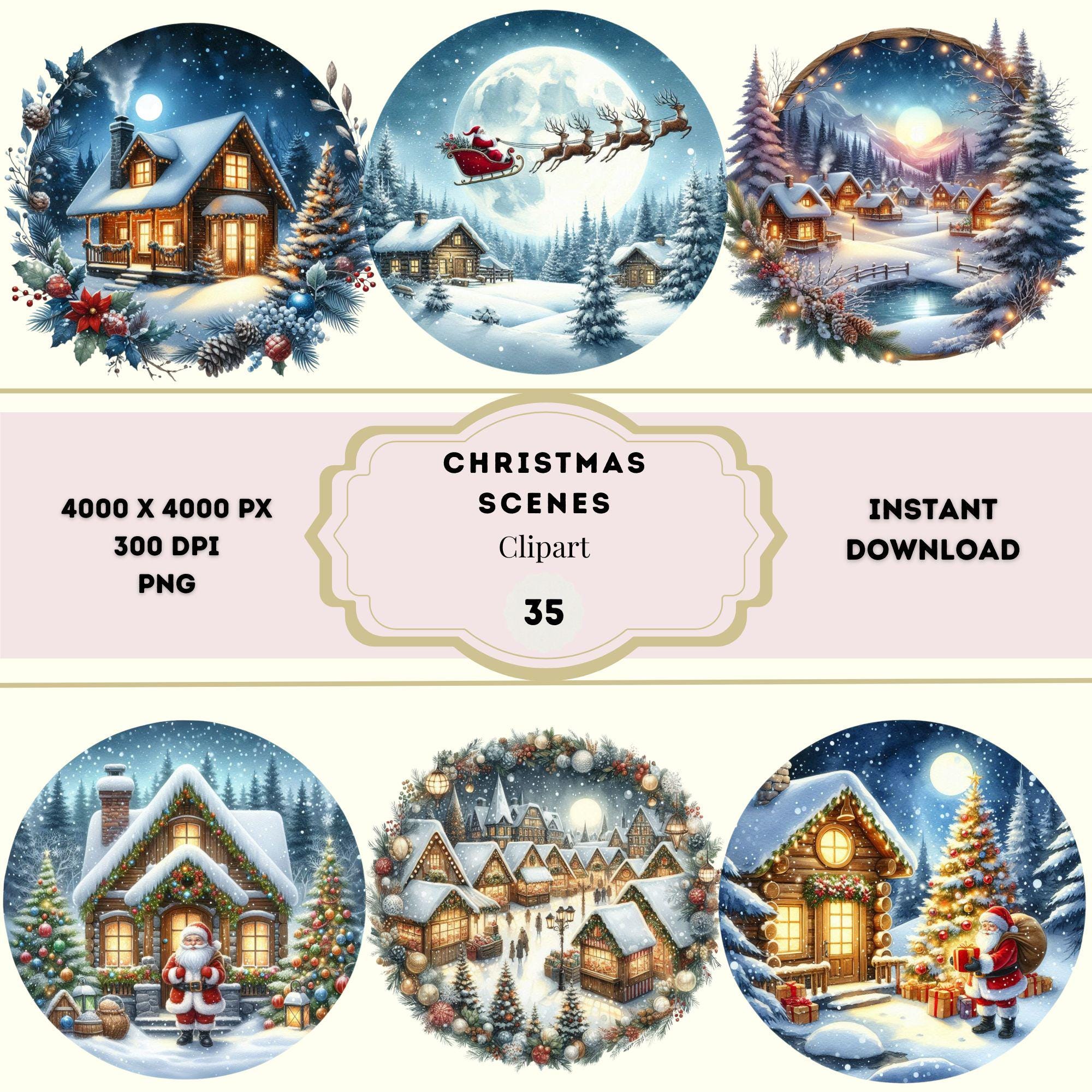 Watercolor Christmas Scenes Clipart, Christmas Scenes Clipart, Round ...