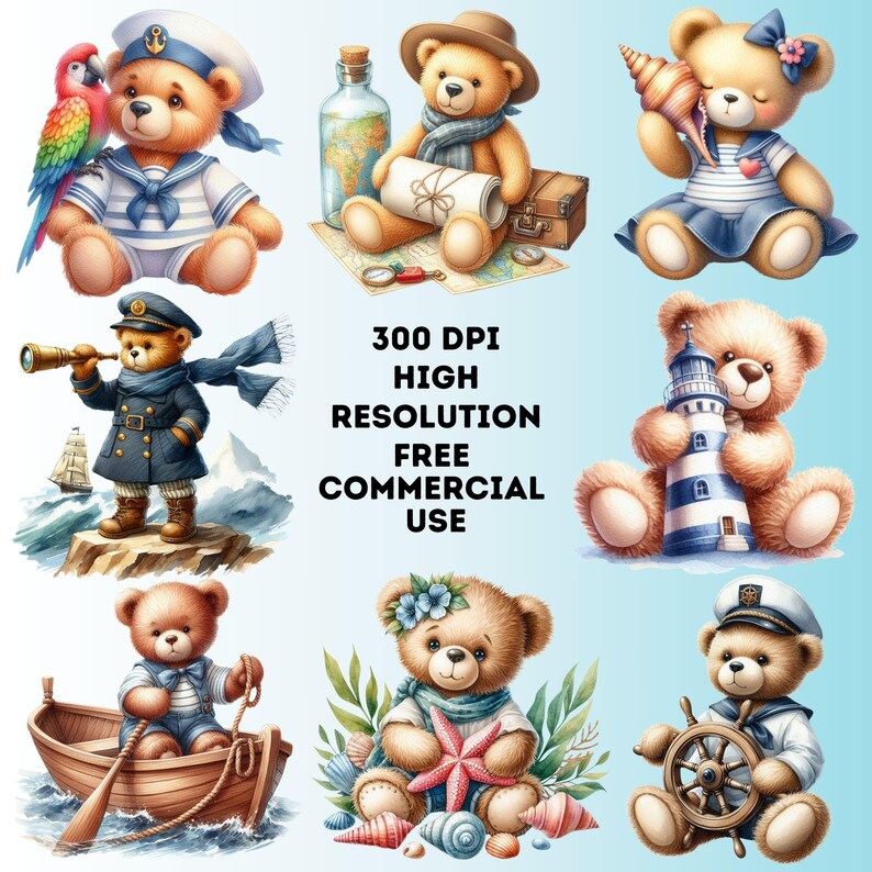 Nautical Teddy Bear Clipart, Watercolor Coastal Clipart, Cute Sailor ...