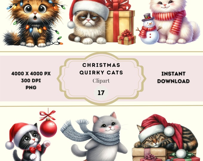 Quirky Christmas Cats Clipart Set – 19 Pngs, Festive Feline Art for ...