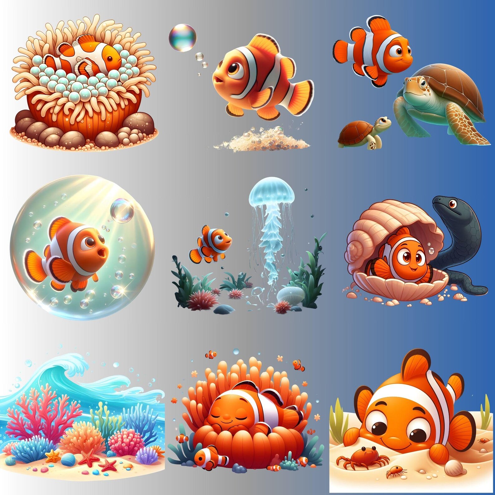 Whimsical Clownfish Clipart, Under the Sea Wallpaper, Cute Ocean Life ...