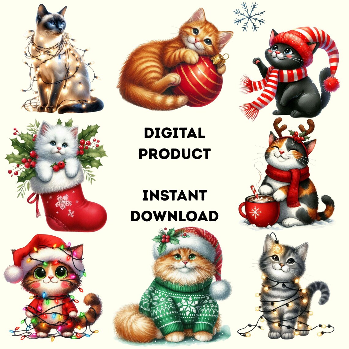 Quirky Christmas Cat Clipart, Cute Christmas Cats PNG, Cute Kittens ...