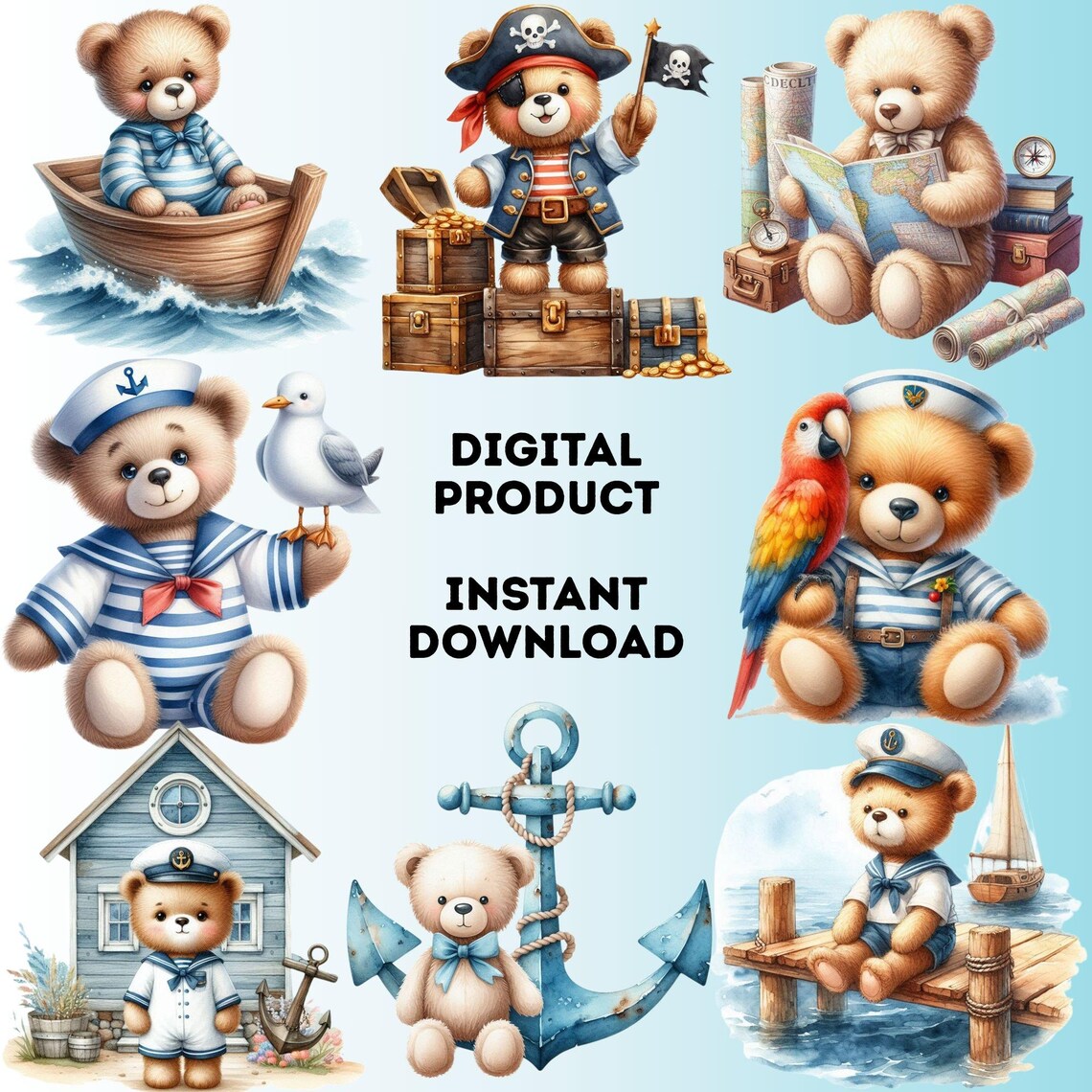Nautical Teddy Bear Clipart, Watercolor Coastal Clipart, Cute Sailor ...
