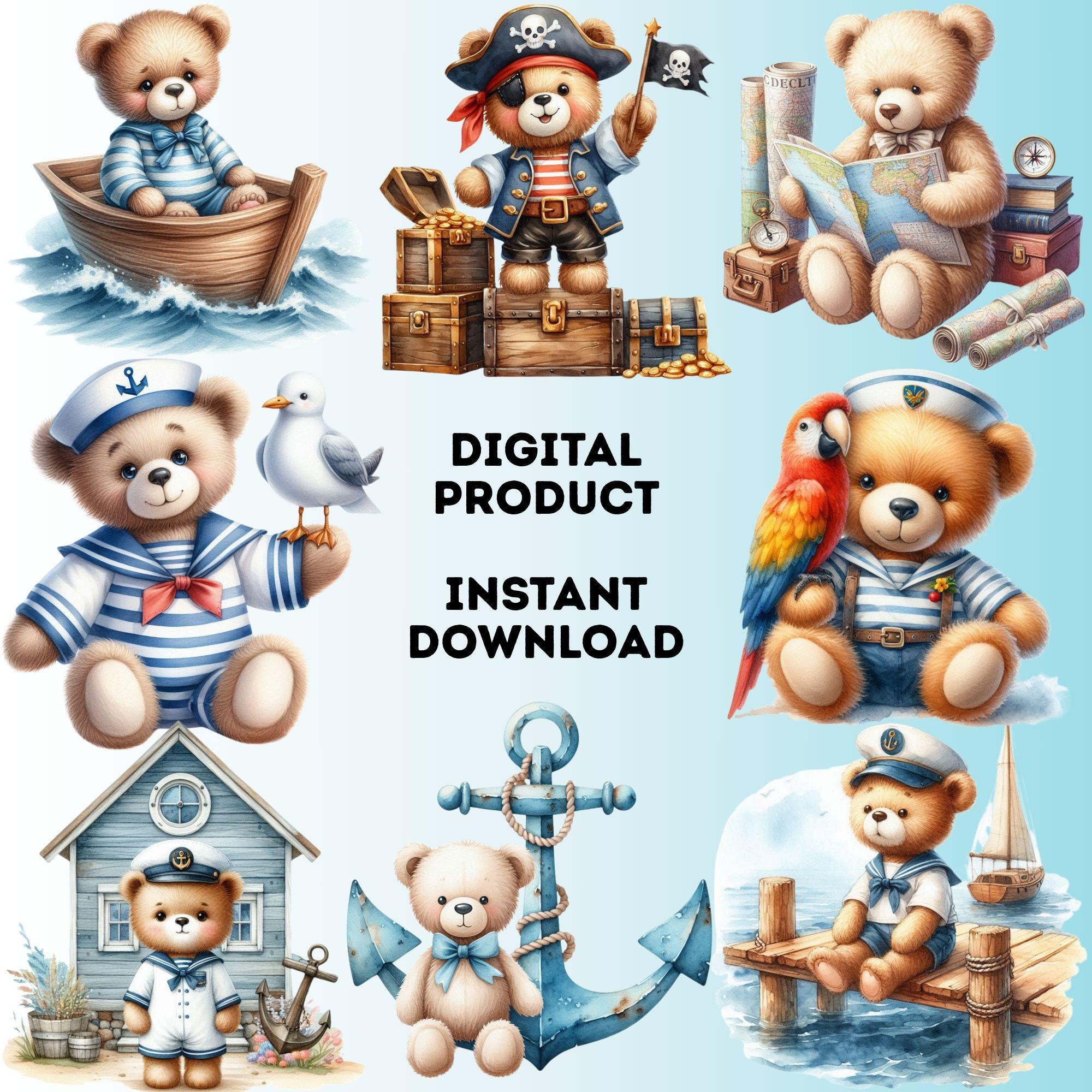 Nautical Teddy Bear Clipart, Watercolor Coastal Clipart, Cute Sailor ...