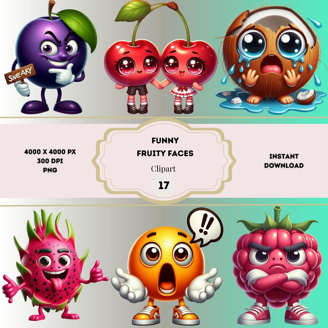 Funny Fruity Faces Clipart, Summer Funny Fruit Clipart, Summer Clipart ...