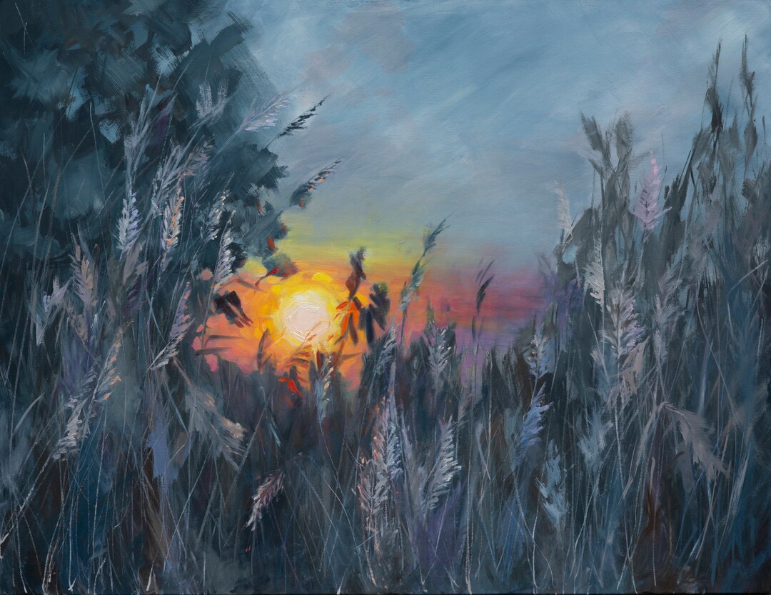 Sunset Landscape Oil Painting on Canvas, Oil Paint Sunset Picture, Hand ...