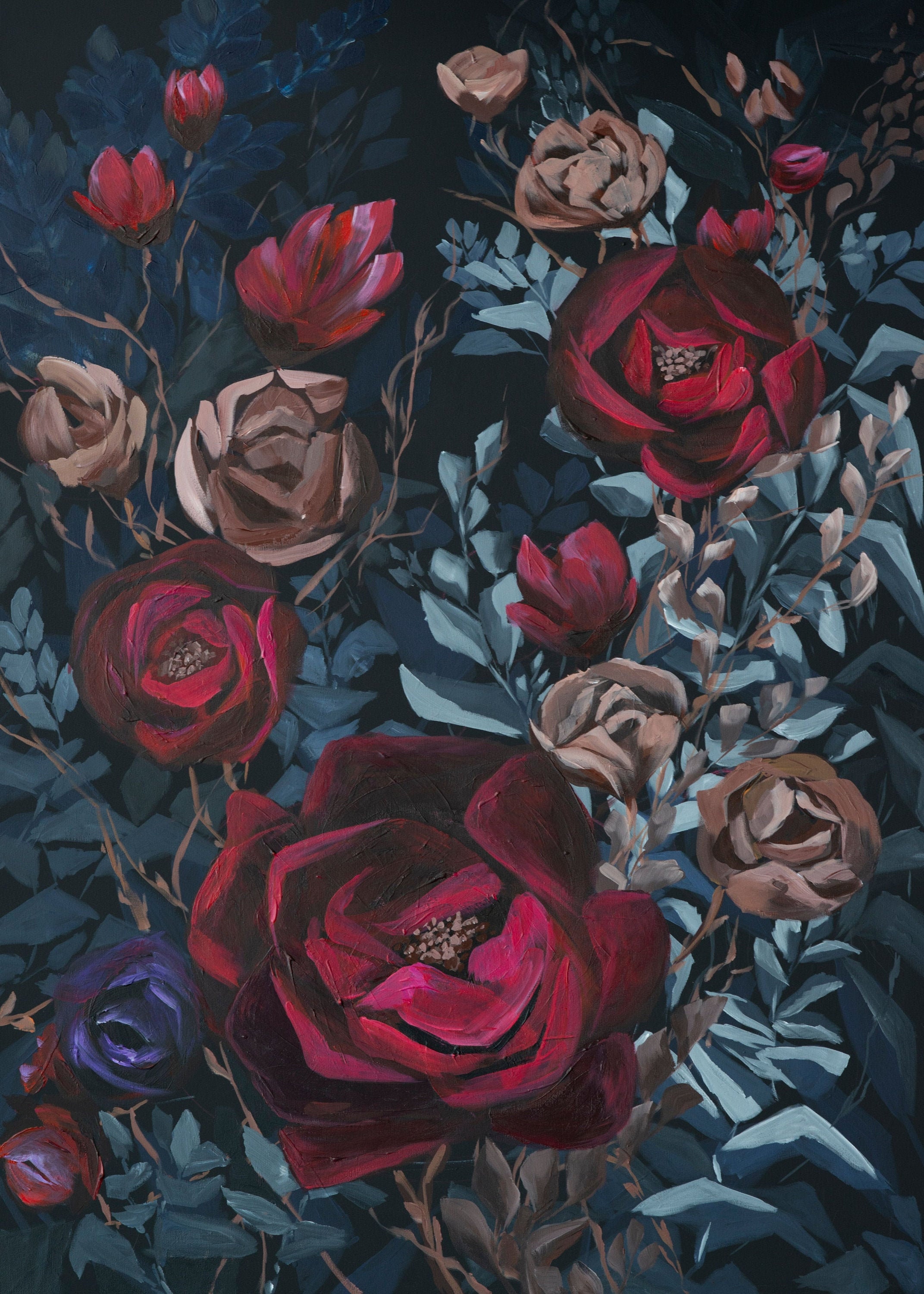 Dark Rose Bouquet Painting, Floral Original Painting, Wild Roses Wall ...