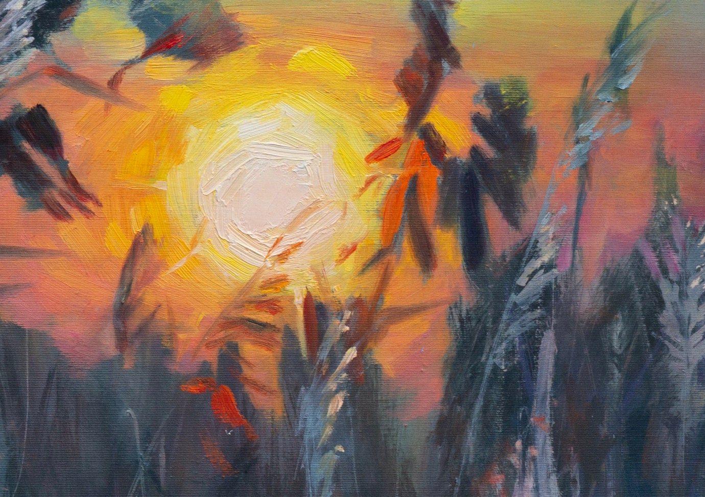 Sunset Landscape Oil Painting on Canvas, Oil Paint Sunset Picture, Hand ...
