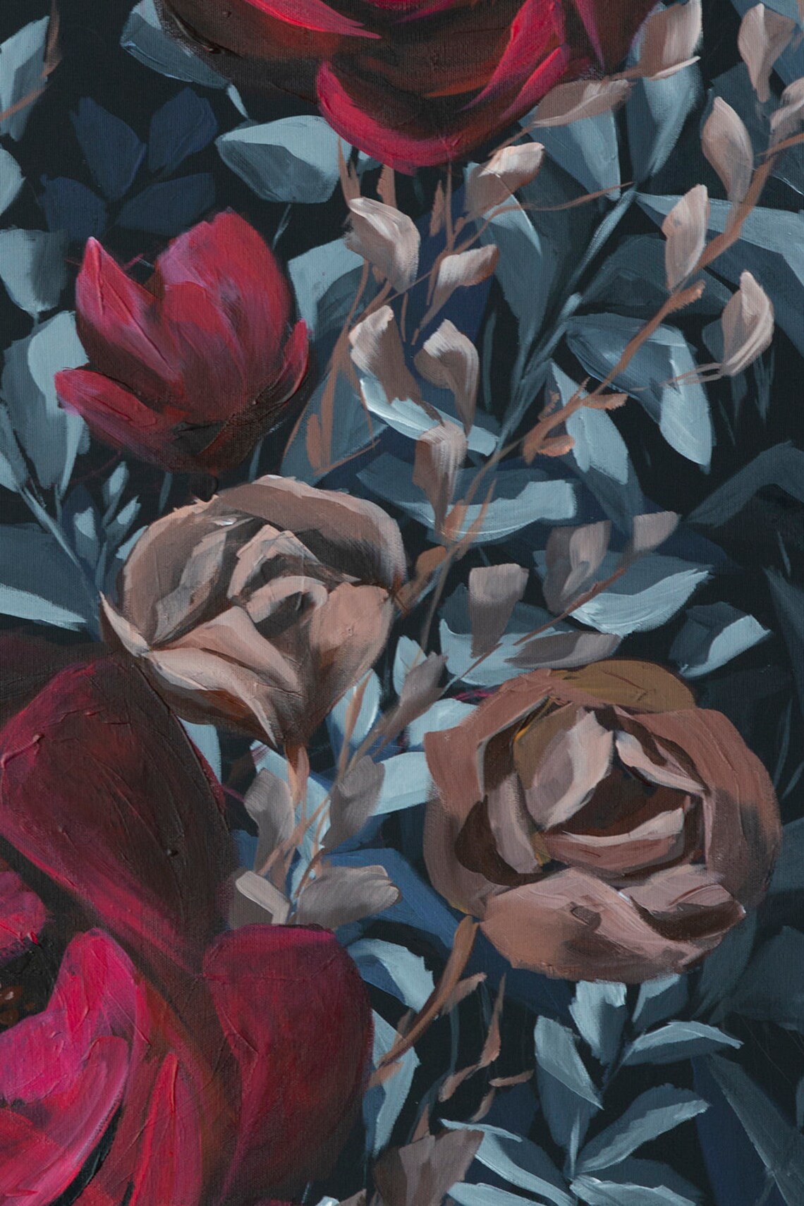 Dark Rose Bouquet Painting, Floral Original Painting, Wild Roses Wall ...