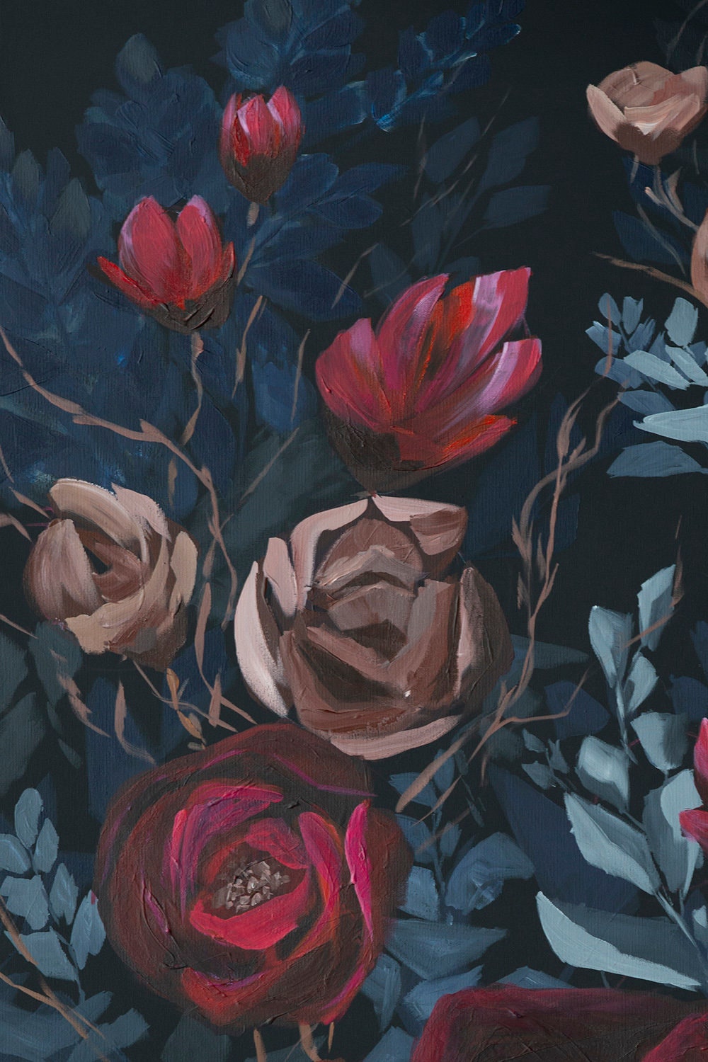 Dark Rose Bouquet Painting, Floral Original Painting, Wild Roses Wall ...