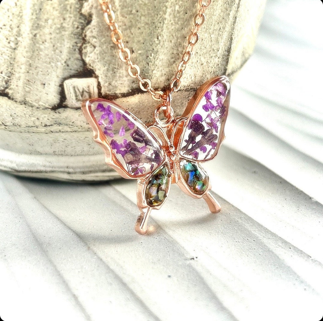 Abalone Lilac Butterfly Necklace, Real Dried Pressed Nature Jewelry ...