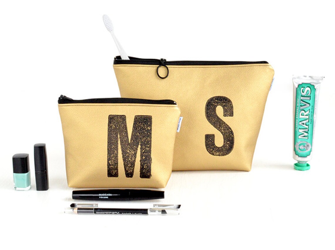Toiletry Bag GOLD Personalized Initial Stamped With the - Etsy