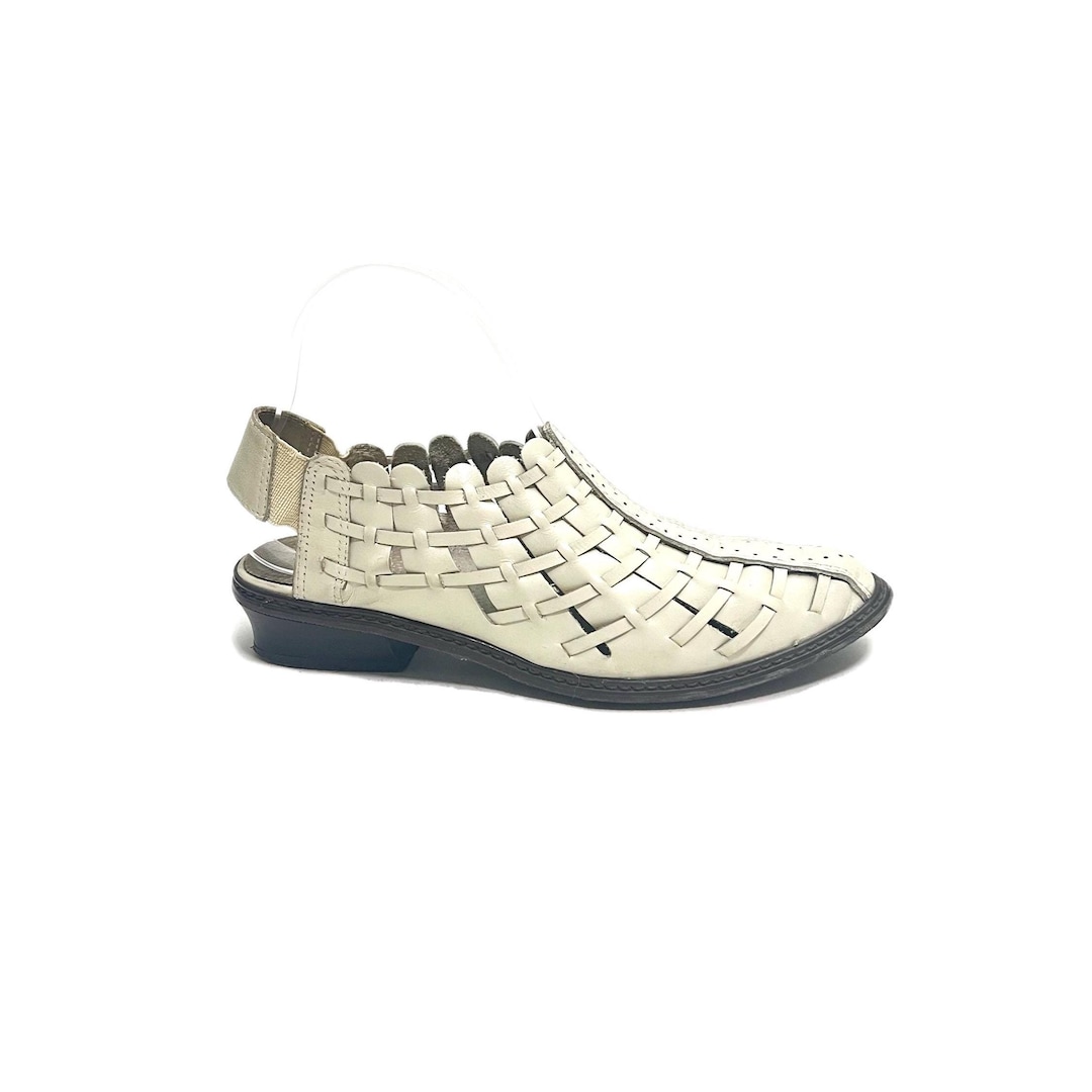 Vintage 1980s Woven Sandals // White Leather Stretch Slip on Heeled ...