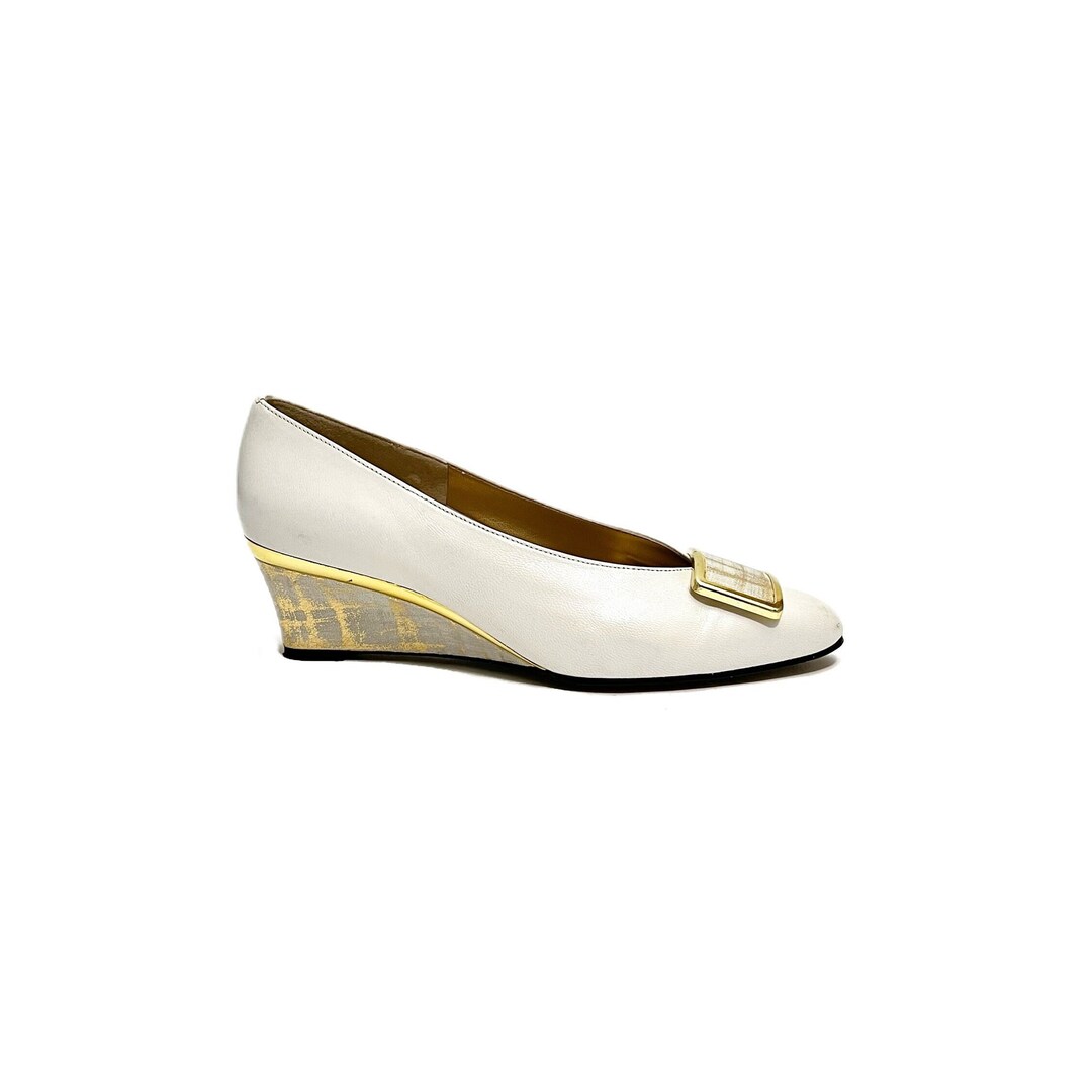 Vintage 1970s Gold Painted Wedges // Ivory Leather Oversize Buckle Slip ...
