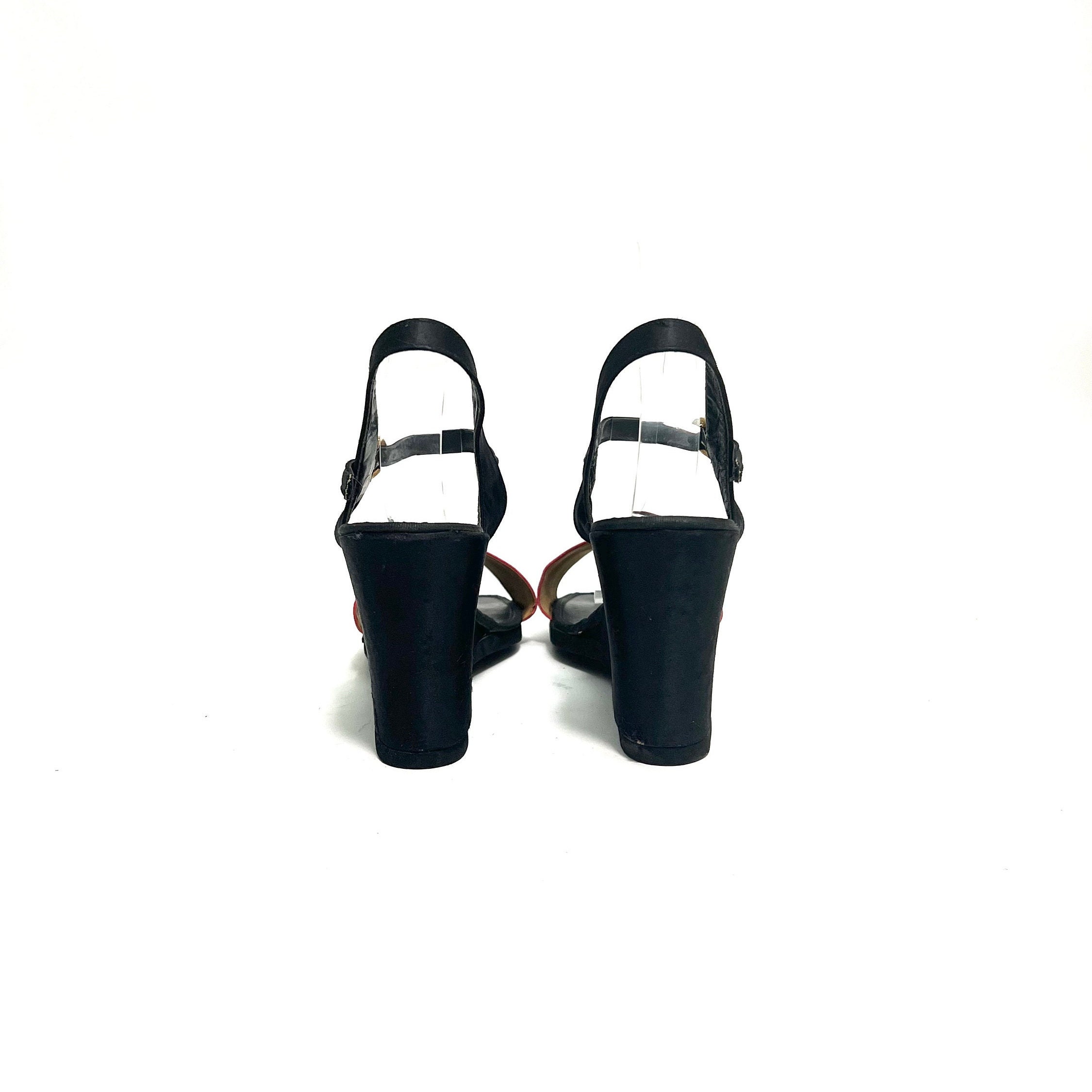 Vintage 1940s Wedge Heels // Black Satin Striped Ribbon Open Toe Pin up ...