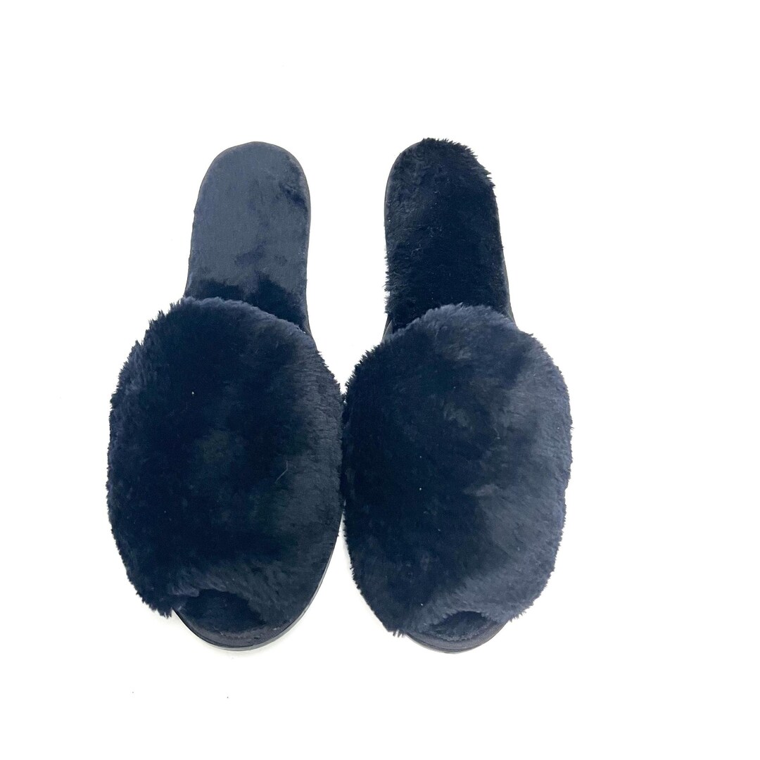 Vintage 1980s Deadstock Fuzzy Slippers // Black Faux Fur Peep Toe Slip ...