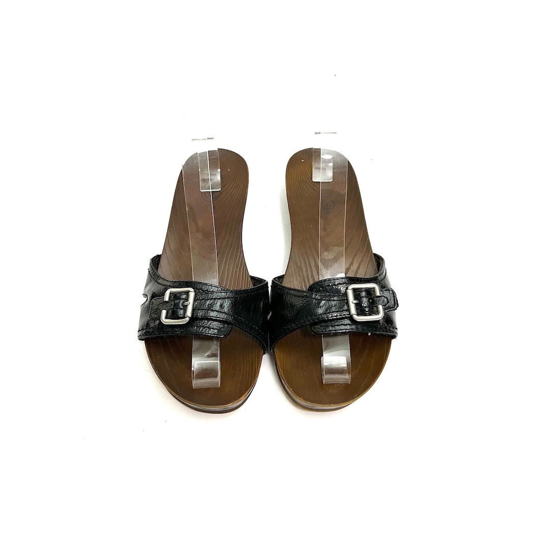 Vintage 1990s Exercise Sandals // Black Patent Leather Faux Wood Sole ...