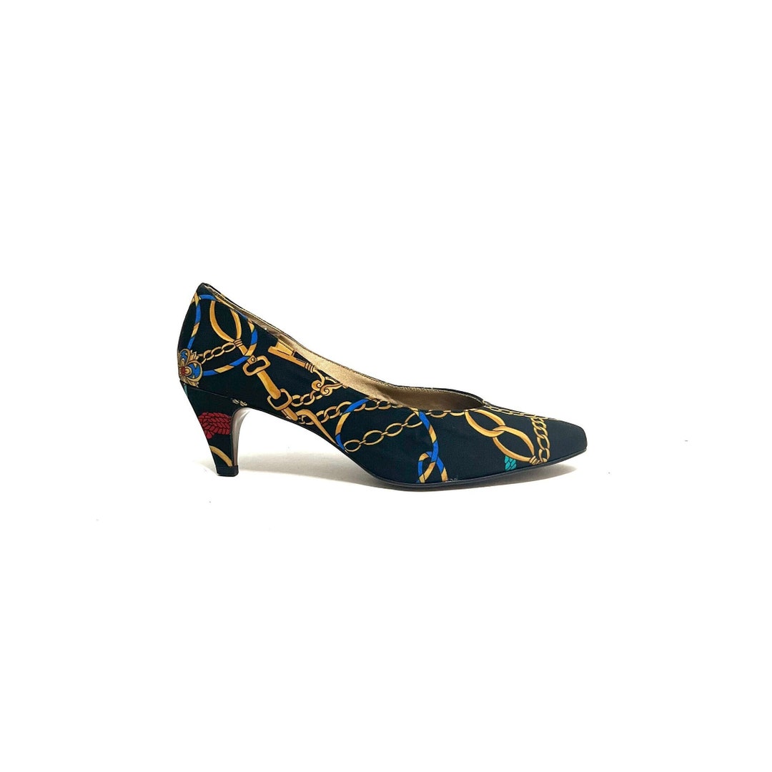 Vintage 1990s Nautical Style Pumps // Navy Blue Chain Print Novelty ...