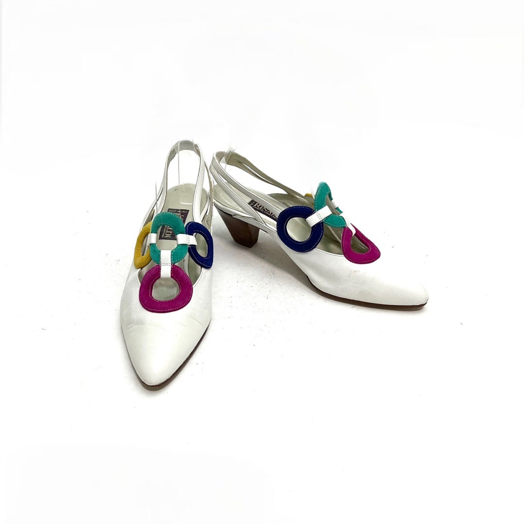 Vintage 1980s Geometric Cutout Heels // White Leather Multicolor Suede ...