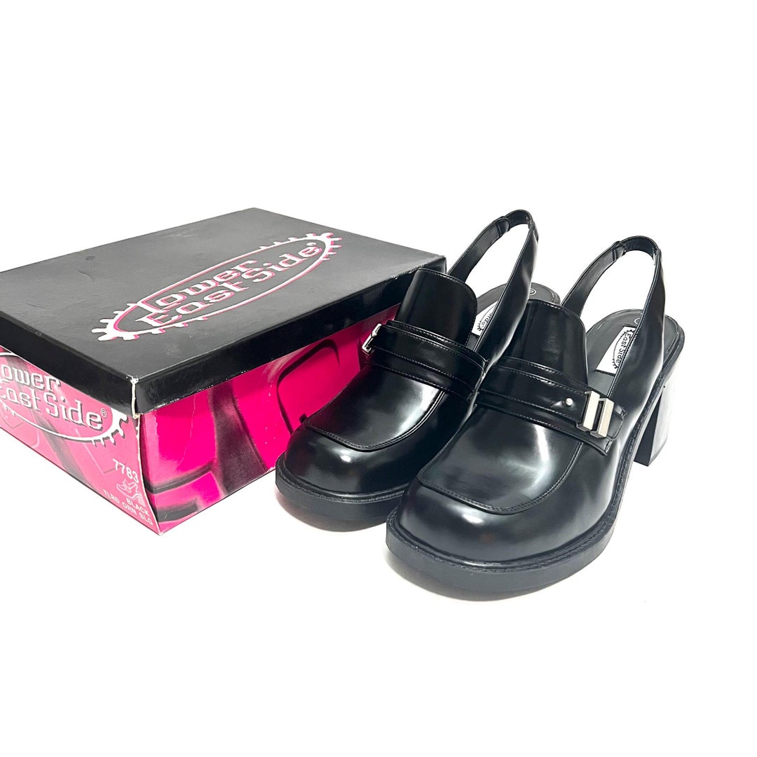 Vintage 1990s Deadstock Chunky Slingbacks // Black Vegan Leather Goth ...