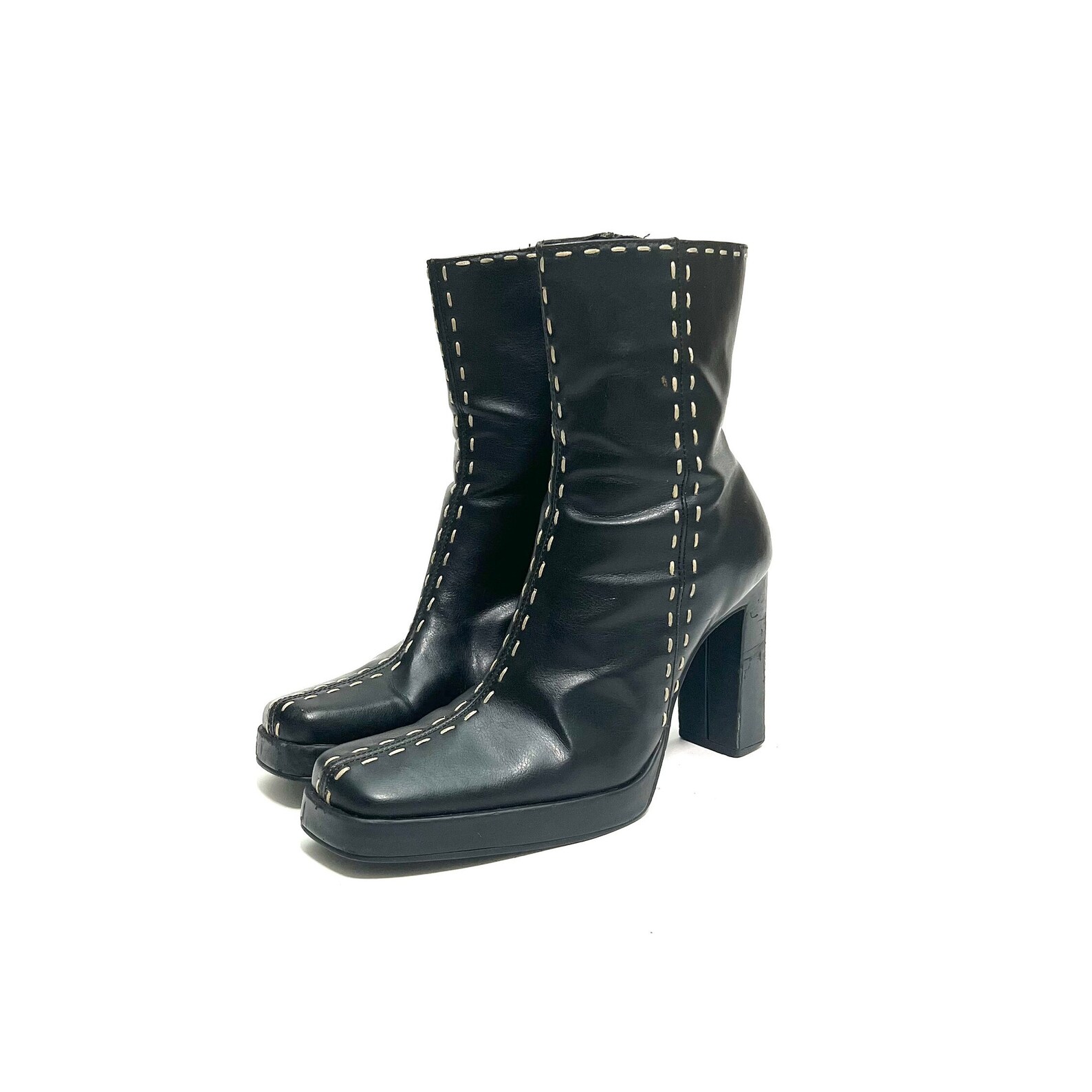 Vintage 1990s Square Toe Platform Boots // Black Vegan Leather Heeled ...