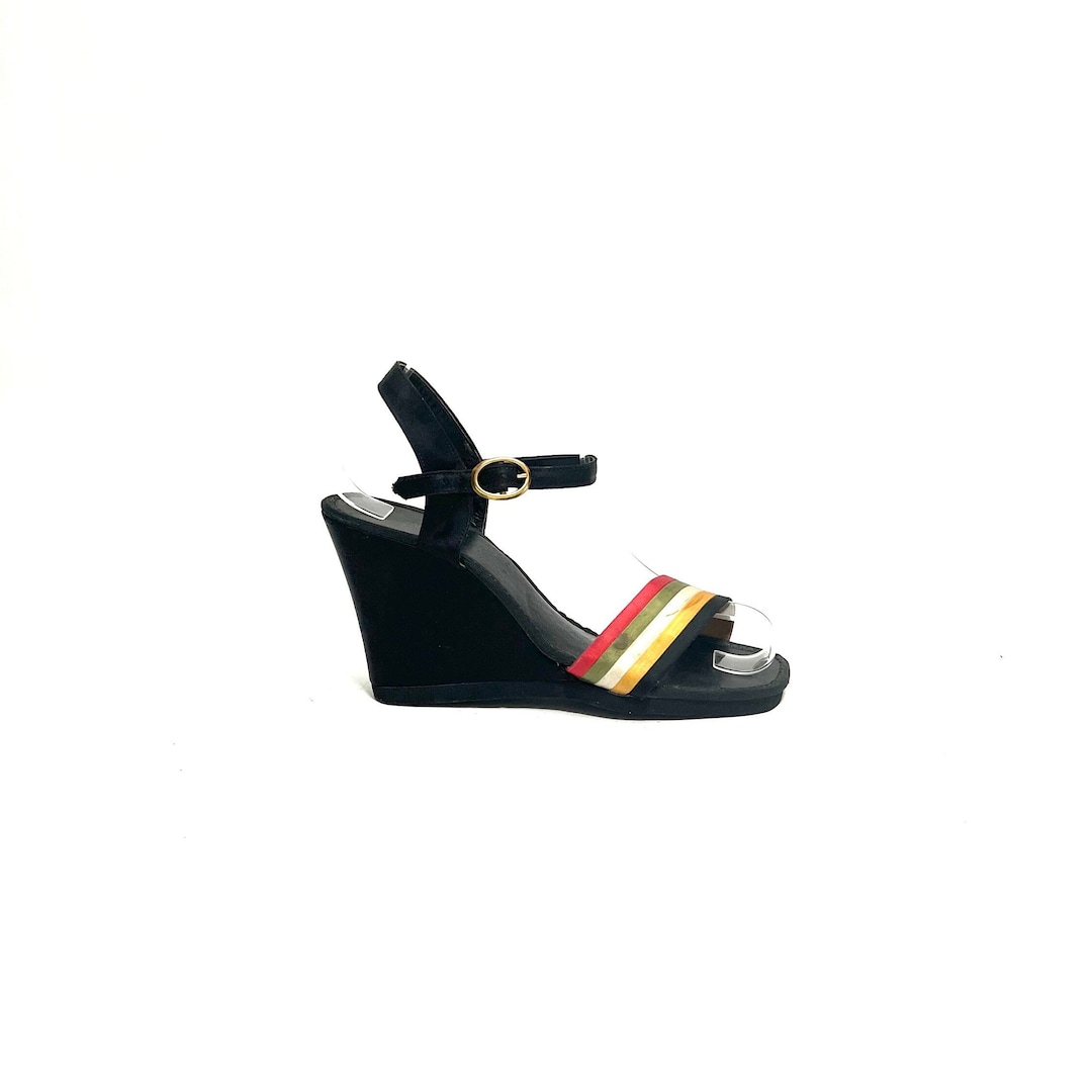 Vintage 1940s Wedge Heels // Black Satin Striped Ribbon Open Toe Pin up ...
