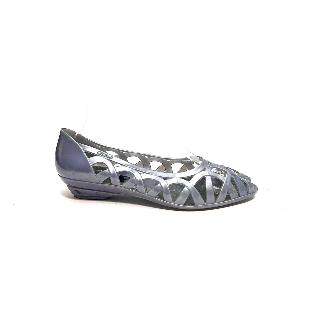 Vintage 1990s Original Jelly Shoes // Gray Plastic Peep Toe Cutout Slip ...