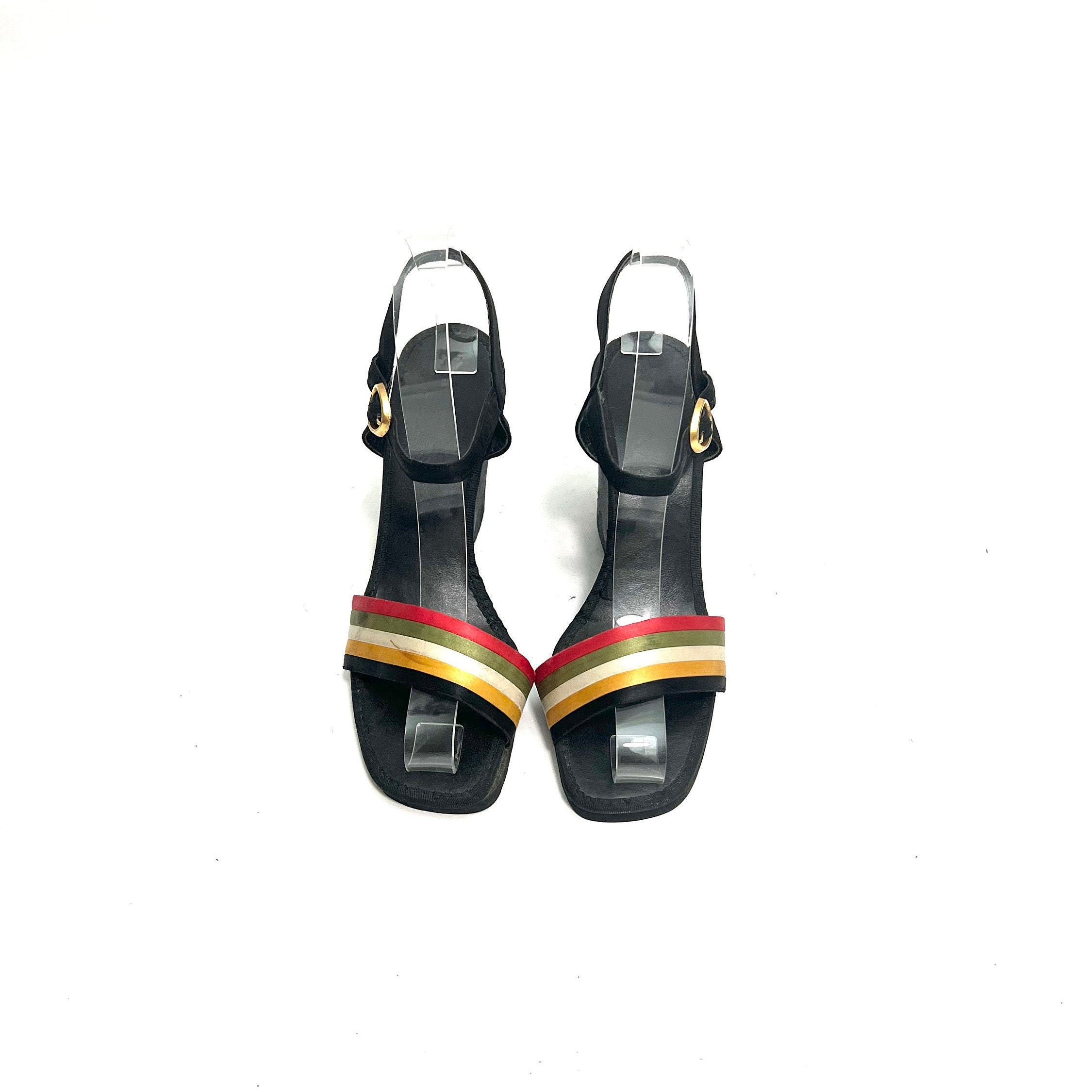 Vintage 1940s Wedge Heels // Black Satin Striped Ribbon Open Toe Pin up ...