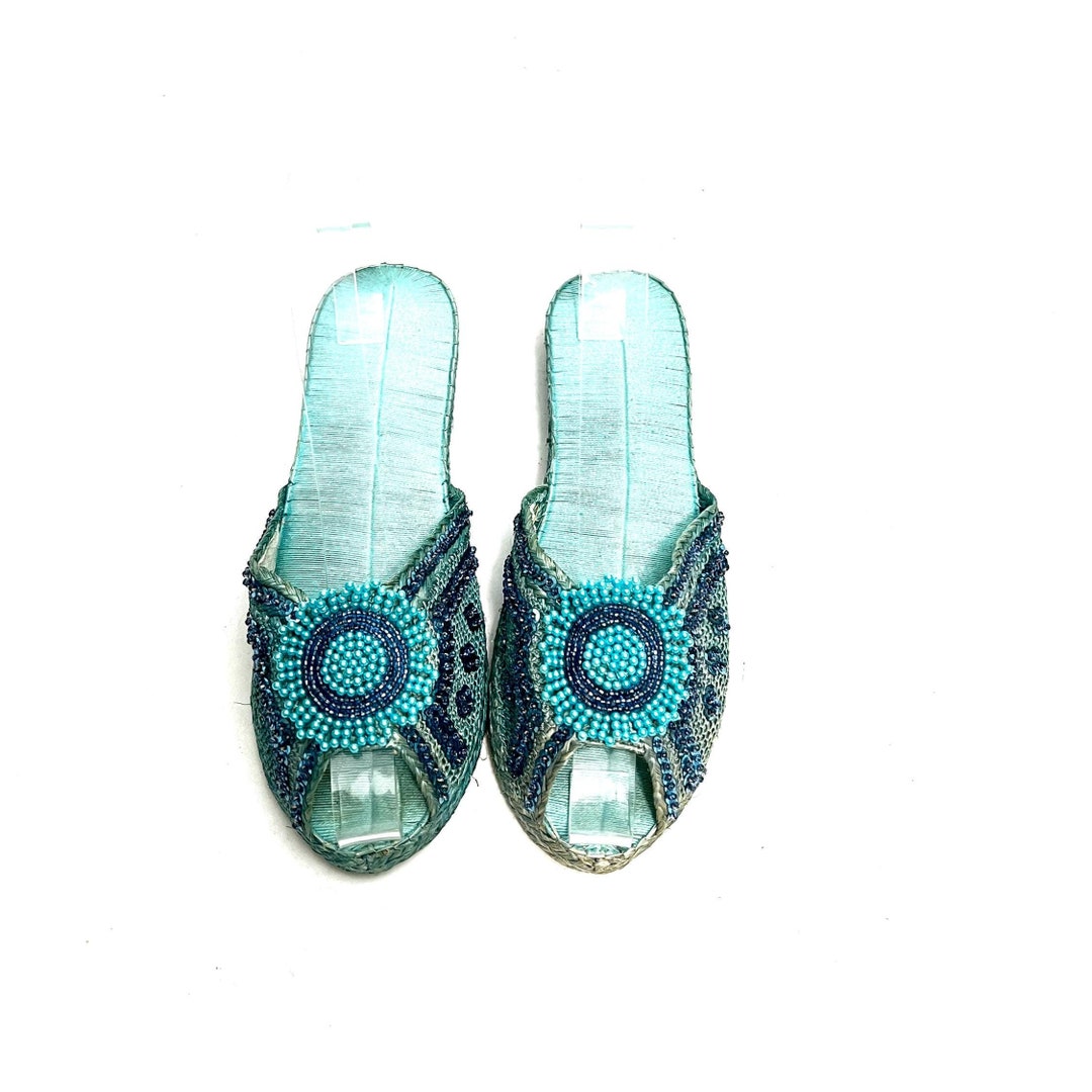 Vintage 1980s Sequin Rattan Sandals // Blue Beaded Peep Toe Slip on ...