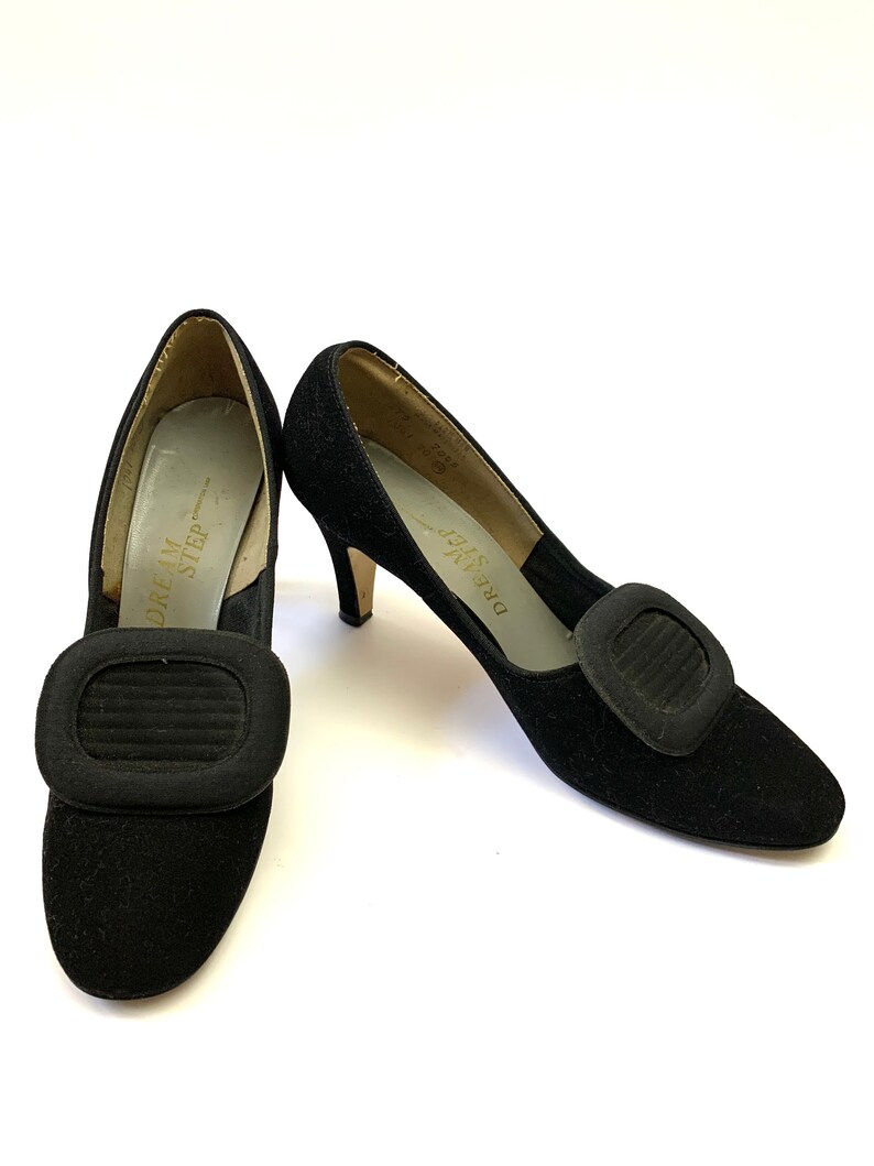 Vintage 1950s Vegan Pilgrim Heels // Black Retro Pinup Close | Etsy