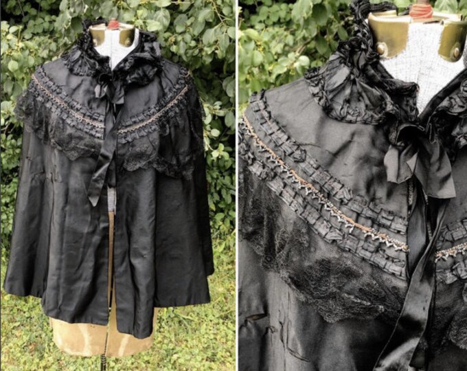 Victorian Mourning Cape // Antique Silk 1890s Capelet // Goth Steampunk ...