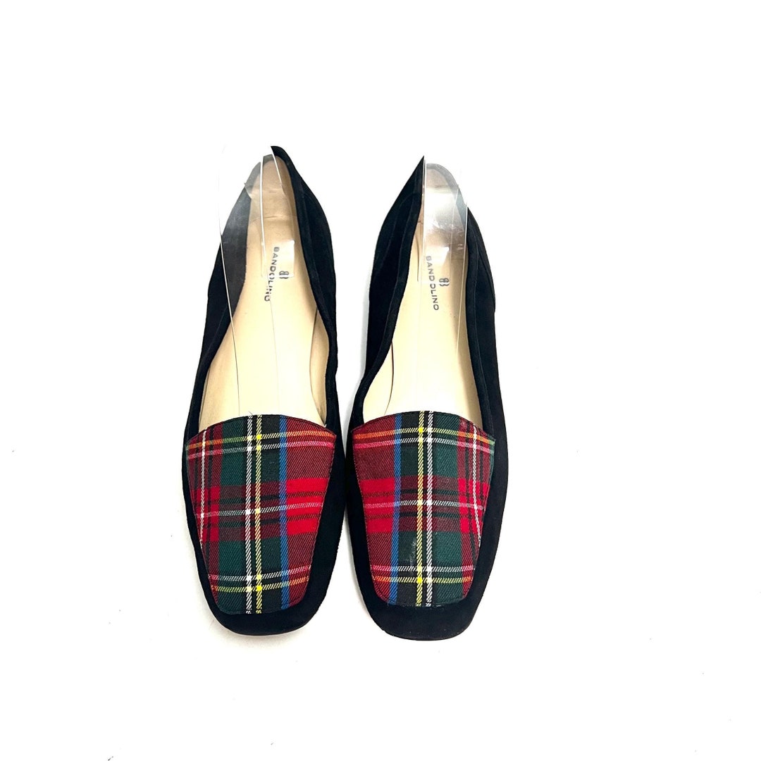 Vintage 1990s Womens Tartan Plaid Loafers // Black Suede Canvas Vamp ...