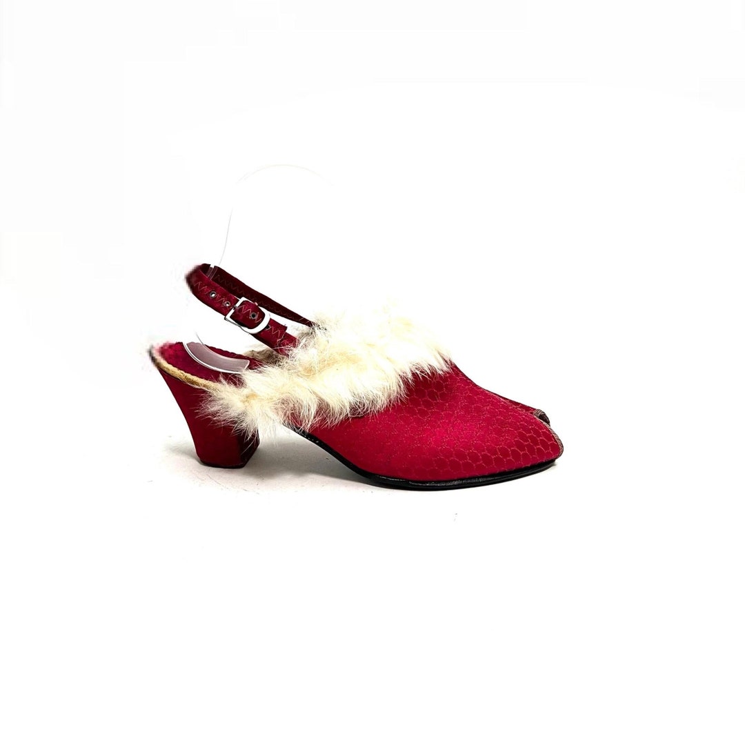 Vintage 1930s Deadstock Fox Fur Heels // Red Brocade Peep Toe Cuban ...