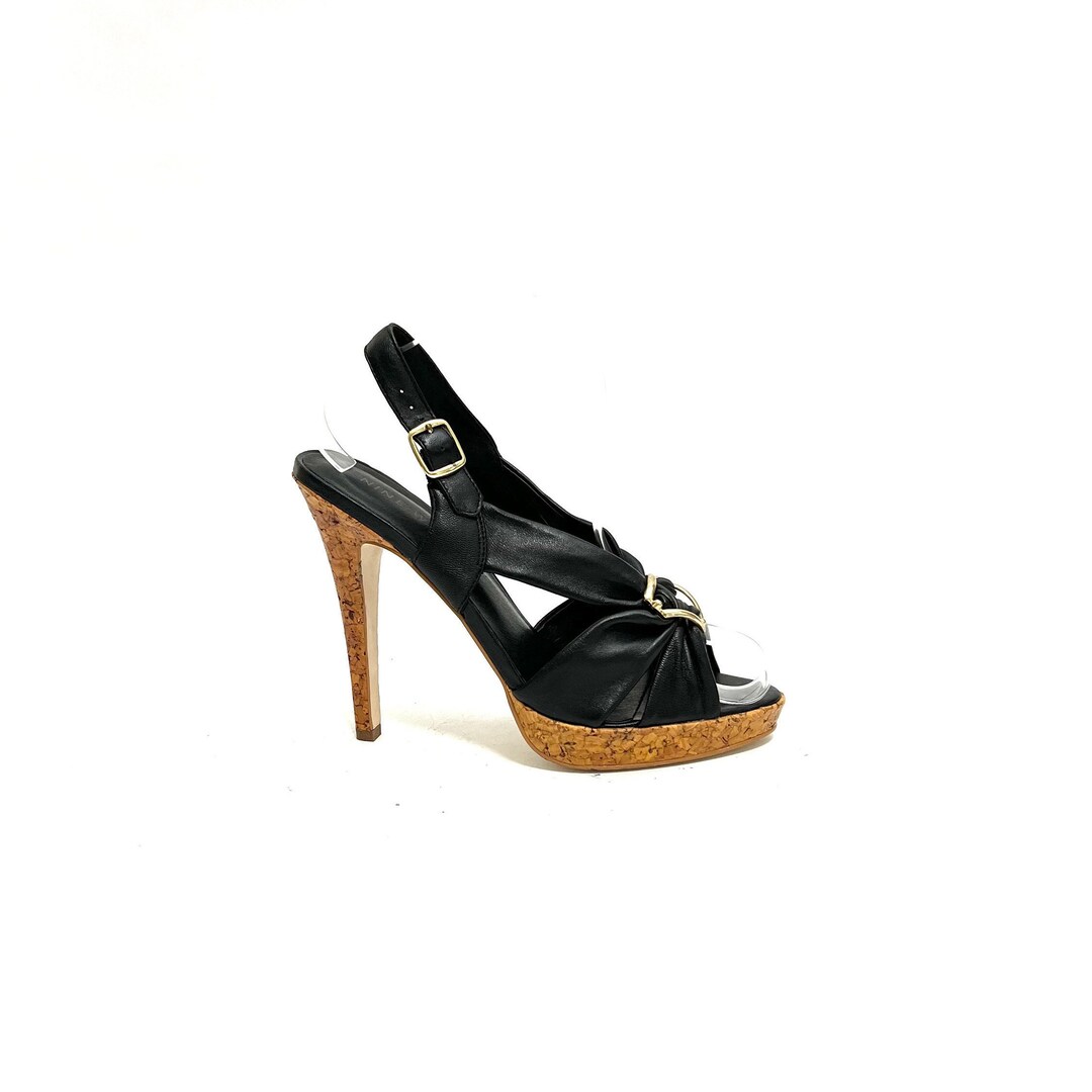 Vintage Y2K Platform Heels // Black Strappy Leather Party Slingbacks by ...