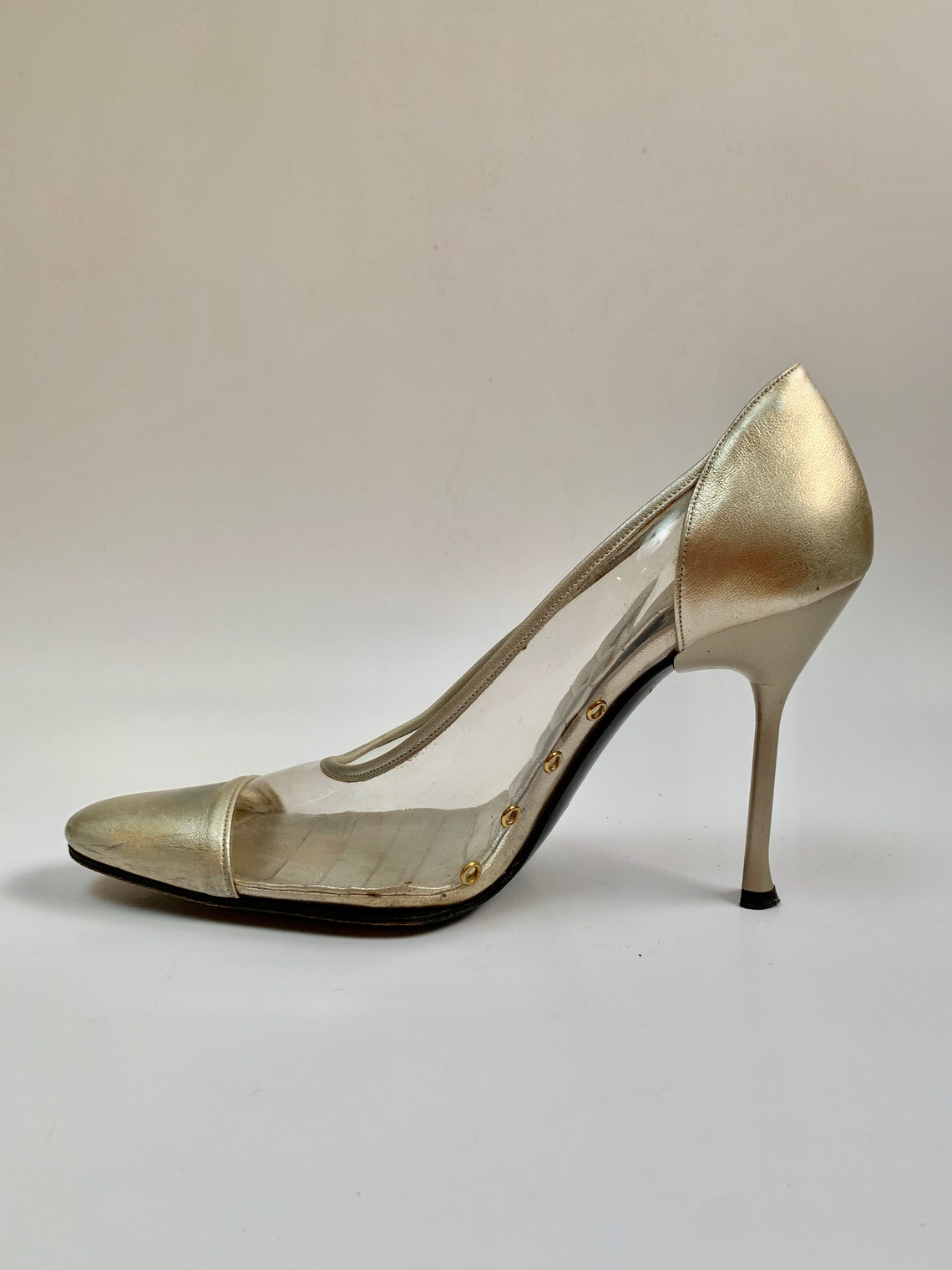 Vintage 1980s Stiletto Pumps // Silver and Vinyl High Heel Shoes by ...
