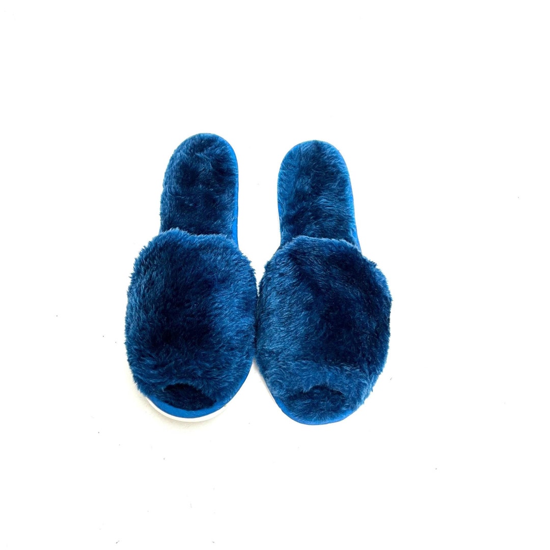 Vintage 1990s Deadstock Womens Slippers // Navy Blue Fuzzy Faux Fur ...