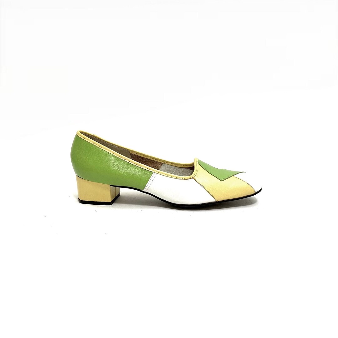 Vintage 1970s Deadstock Colorblock Heels // Green and Yellow Leather ...