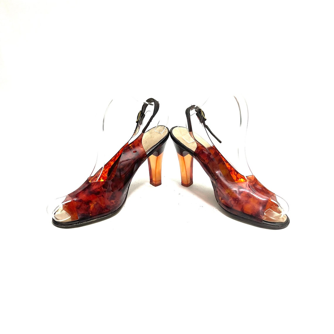 Vintage 1970s Tortoise Shell Vinyl Slingback Heels // Brown Clear ...