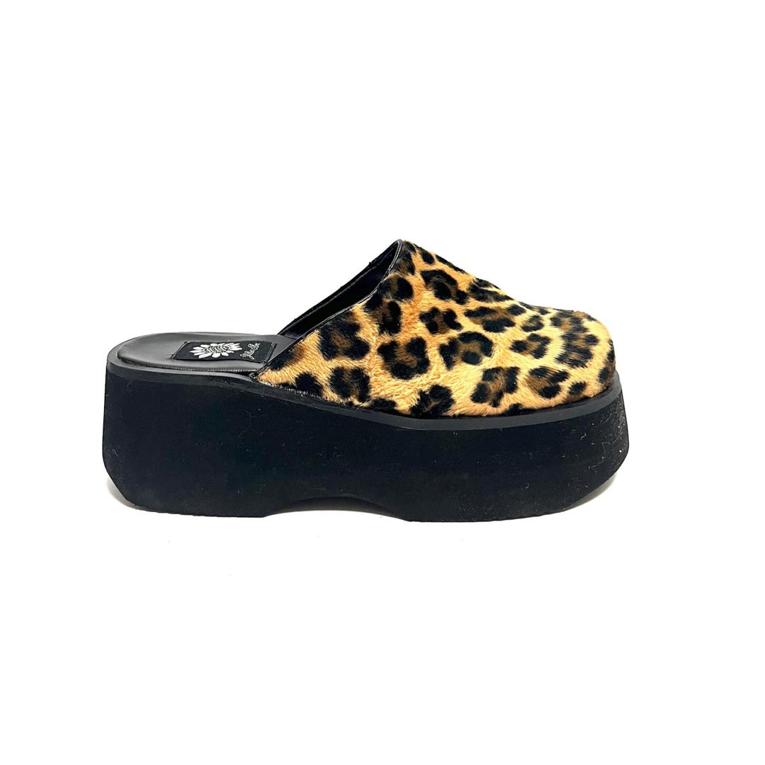 Vintage 1990s Platform Clogs // Leopard Print Faux Fur Slip on Club Kid ...