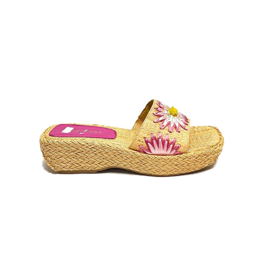 Vintage Y2K Platform Sandals // Tan Woven Raffia Sequin Floral Open Toe ...