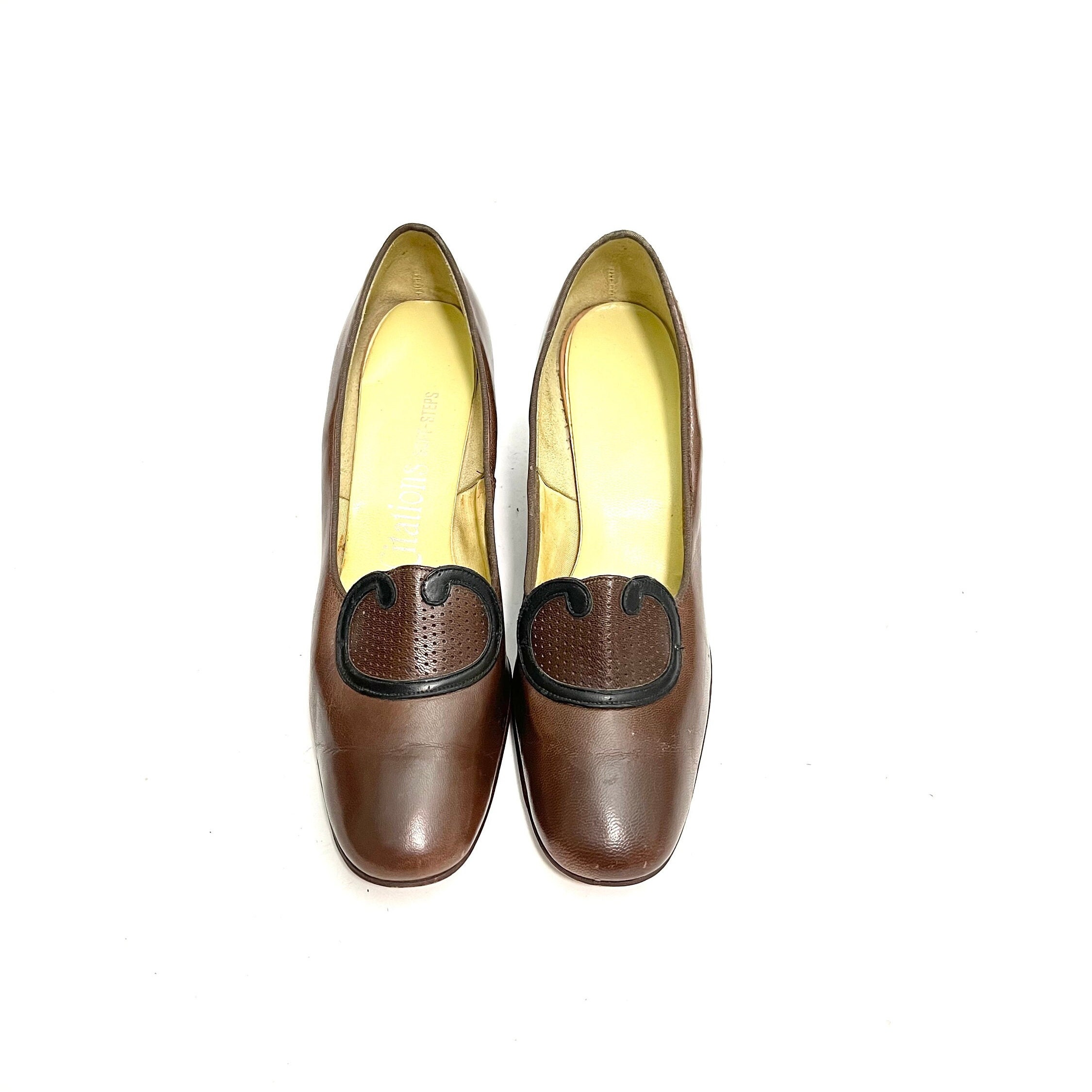 Vintage 1960s Mod Pilgrim Heels // Brown Leather Brogue Elastic Vamp ...