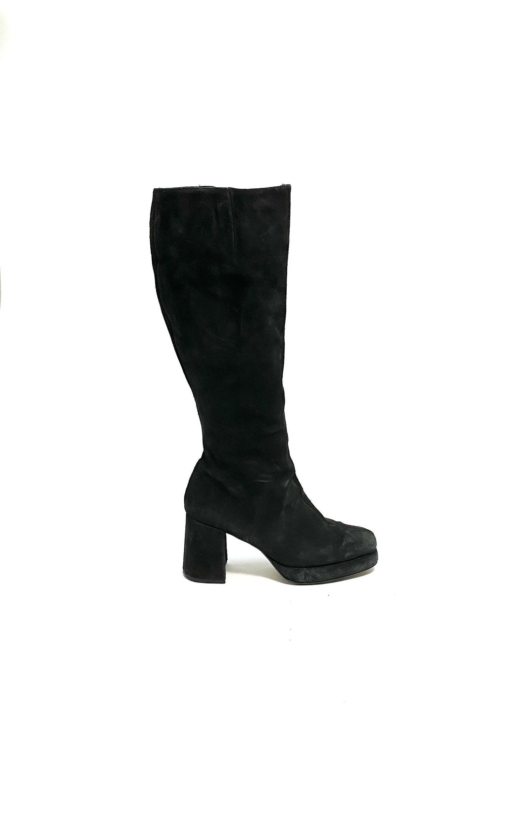 Vintage 1970s Platform Disco Boots // Black Suede Zip up Knee High ...