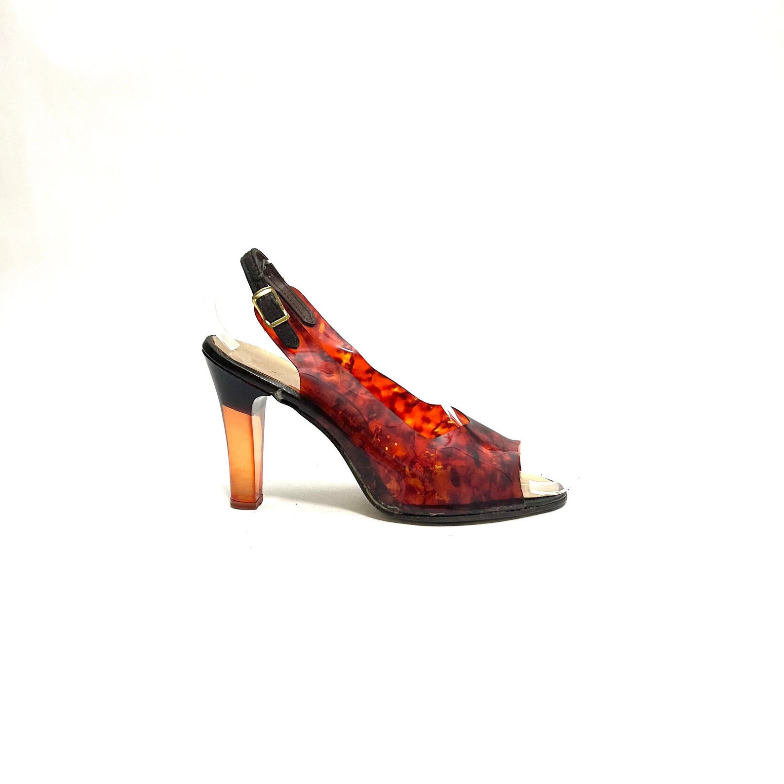 Vintage 1970s Tortoise Shell Vinyl Slingback Heels // Brown Clear ...