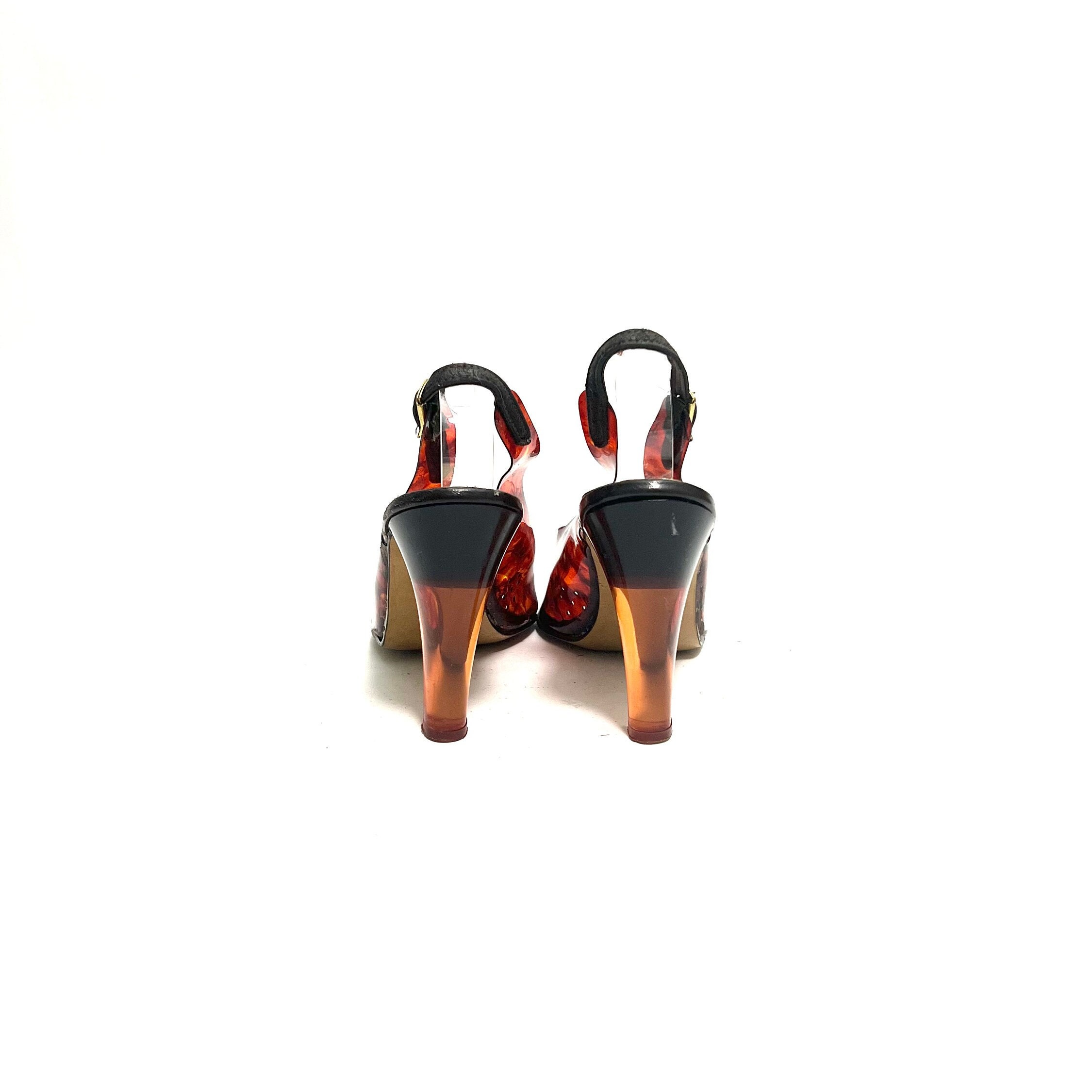 Vintage 1970s Tortoise Shell Vinyl Slingback Heels // Brown Clear ...