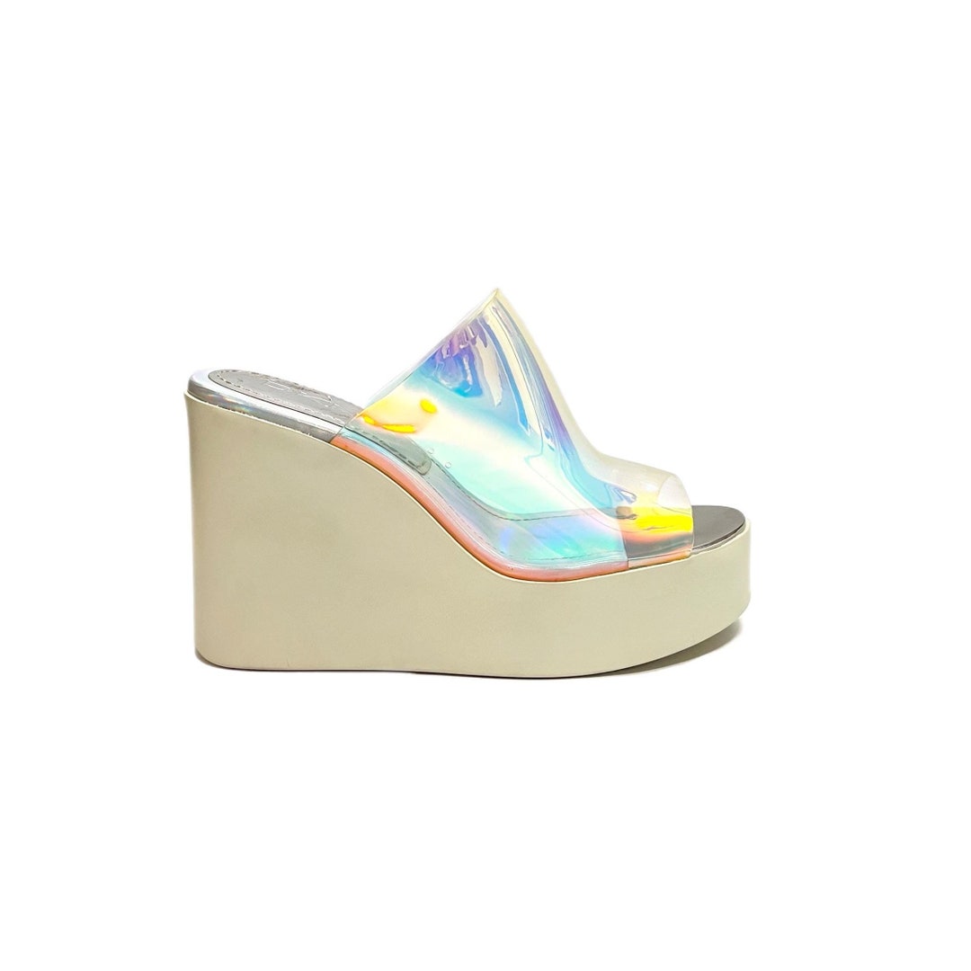 Vintage Y2K Deadstock Platform Wedges // Clear Iridescent Vinyl Slip on ...