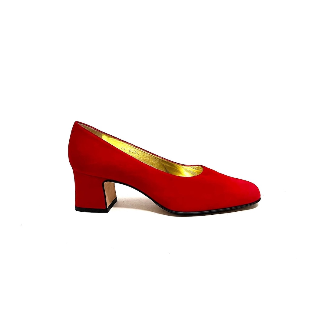 Vintage 1990s Square Toe Pumps // Sweetheart Red Suede Slip on Chunky ...