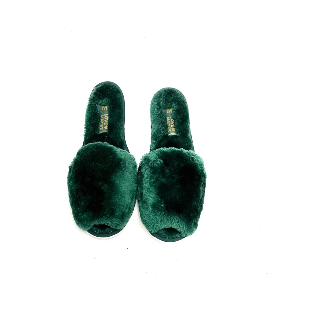 Vintage 1990s Deadstock Fuzzy Slippers // Forest Green Faux Fur Peep ...